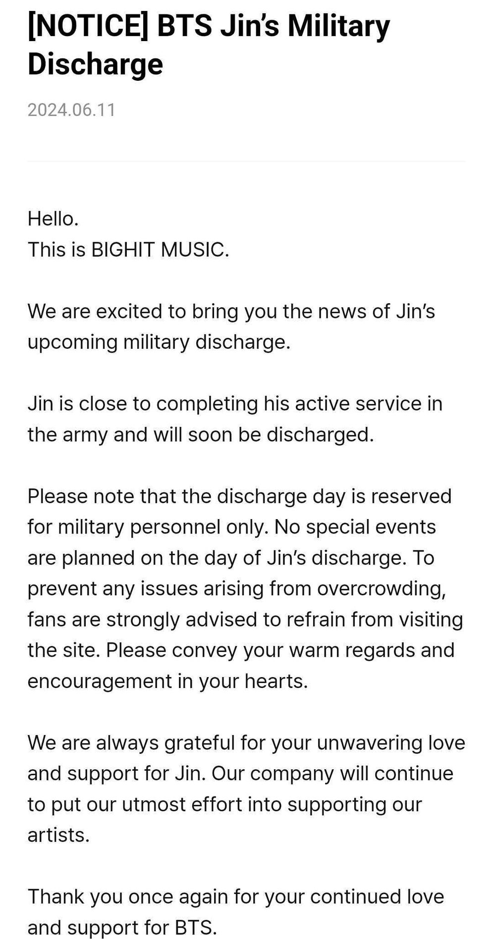 BIGHIT MUSIC Releases Official Statement Ahead Of BTS Jin's Military ...